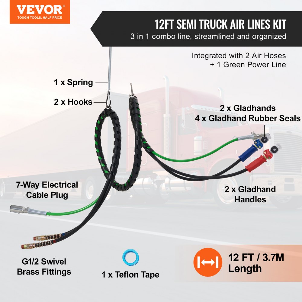 VEVOR 15FT Semi Truck Air Lines Kit with 2PCS Glad Hands, 3-in-1 Air ...