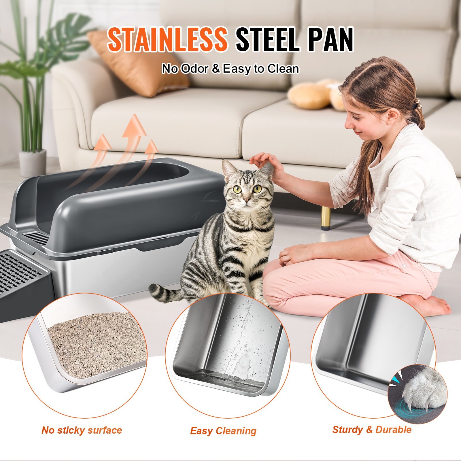 VEVOR Stainless Steel Cat Litter Box – XL 6-Inch, 60L