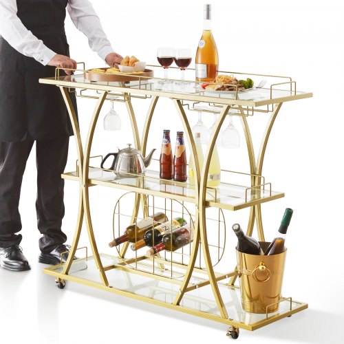 VEVOR Bar Cart Gold, 3 Tiers Home Bar Serving Cart on Lockable Wheels ...