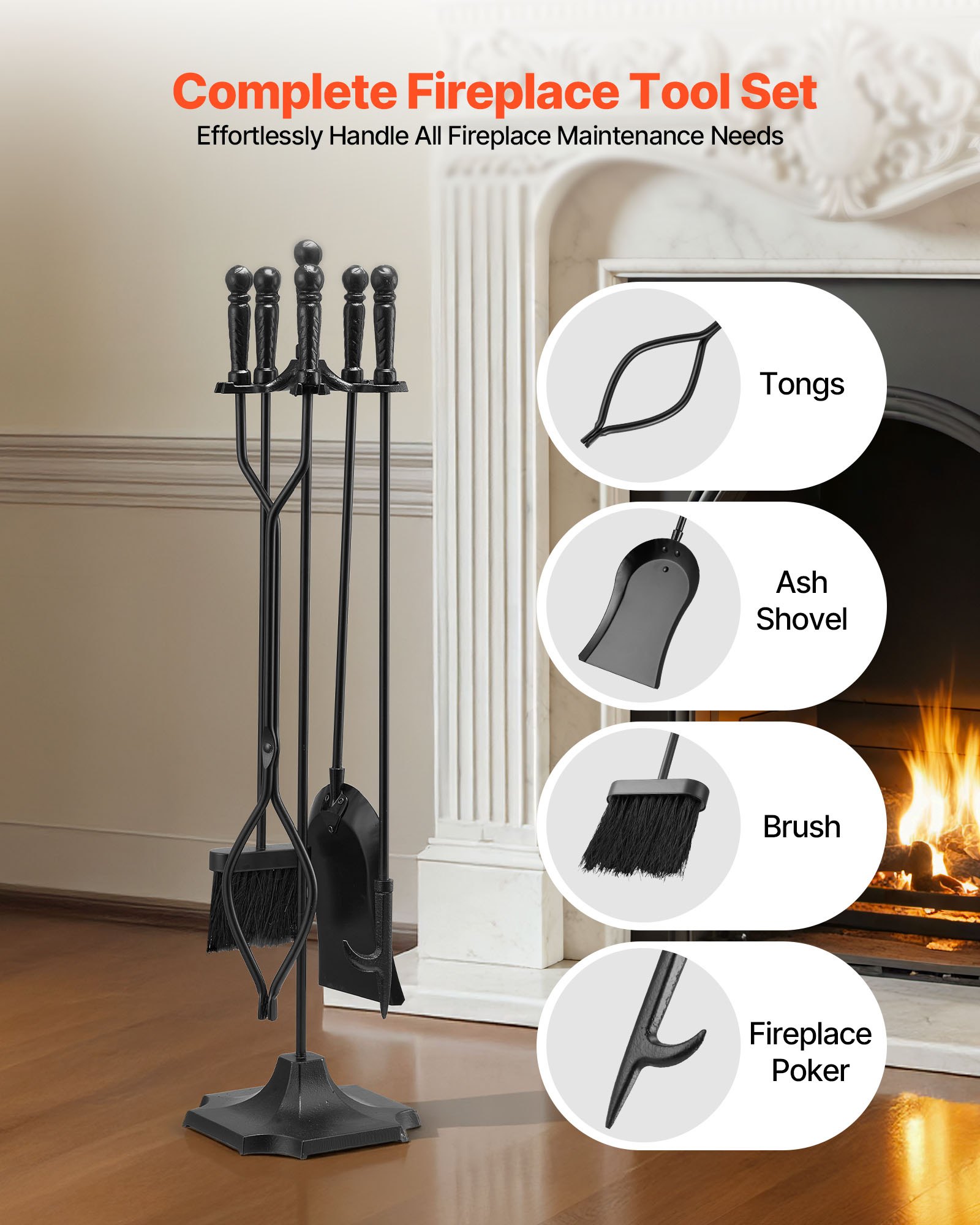VEVOR Fireplace Tool Set, 5 PCS Fire Tool Set and Holder with Five ...