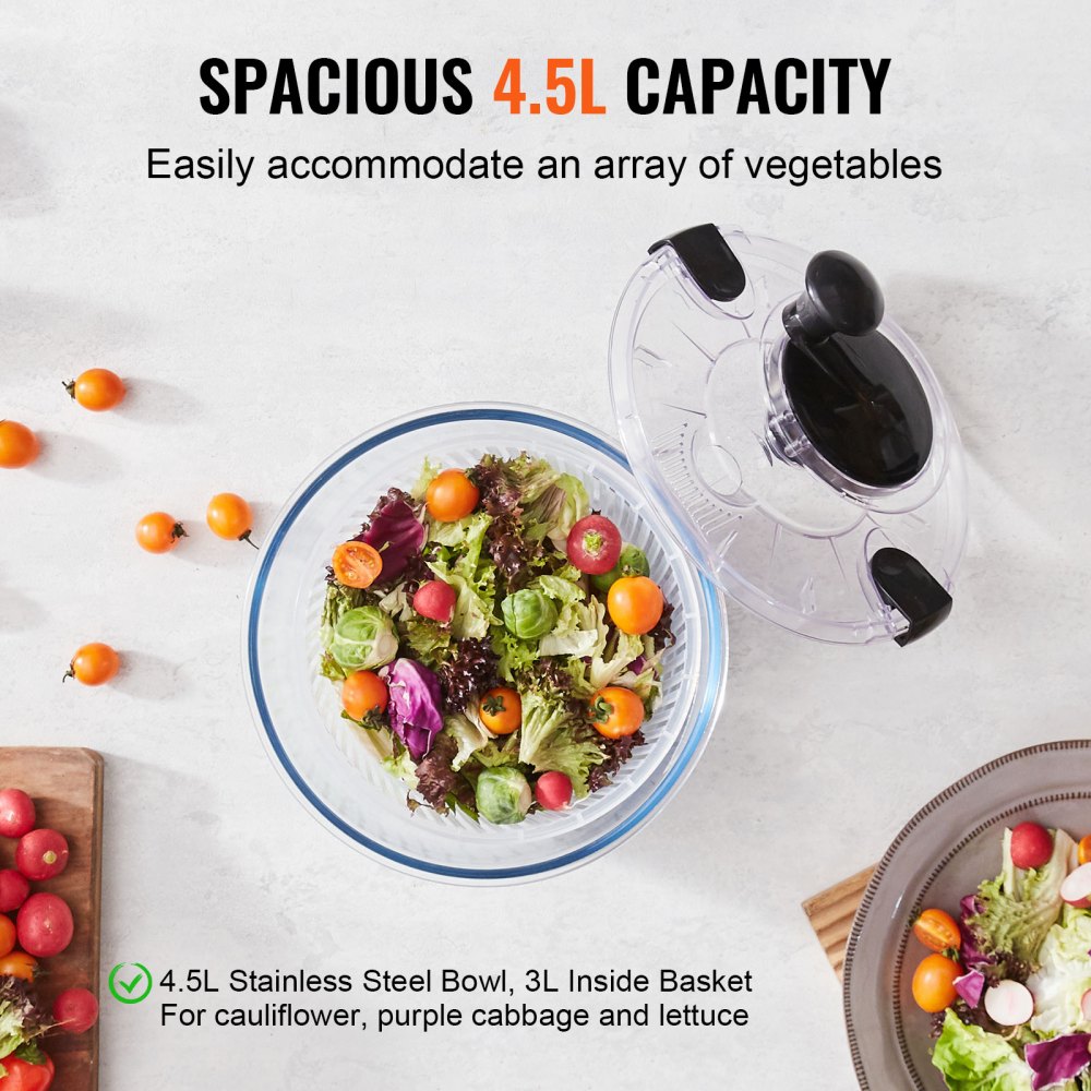 VEVOR Glass Salad Spinner, 4.75Qt, One-handed Easy Press Large ...