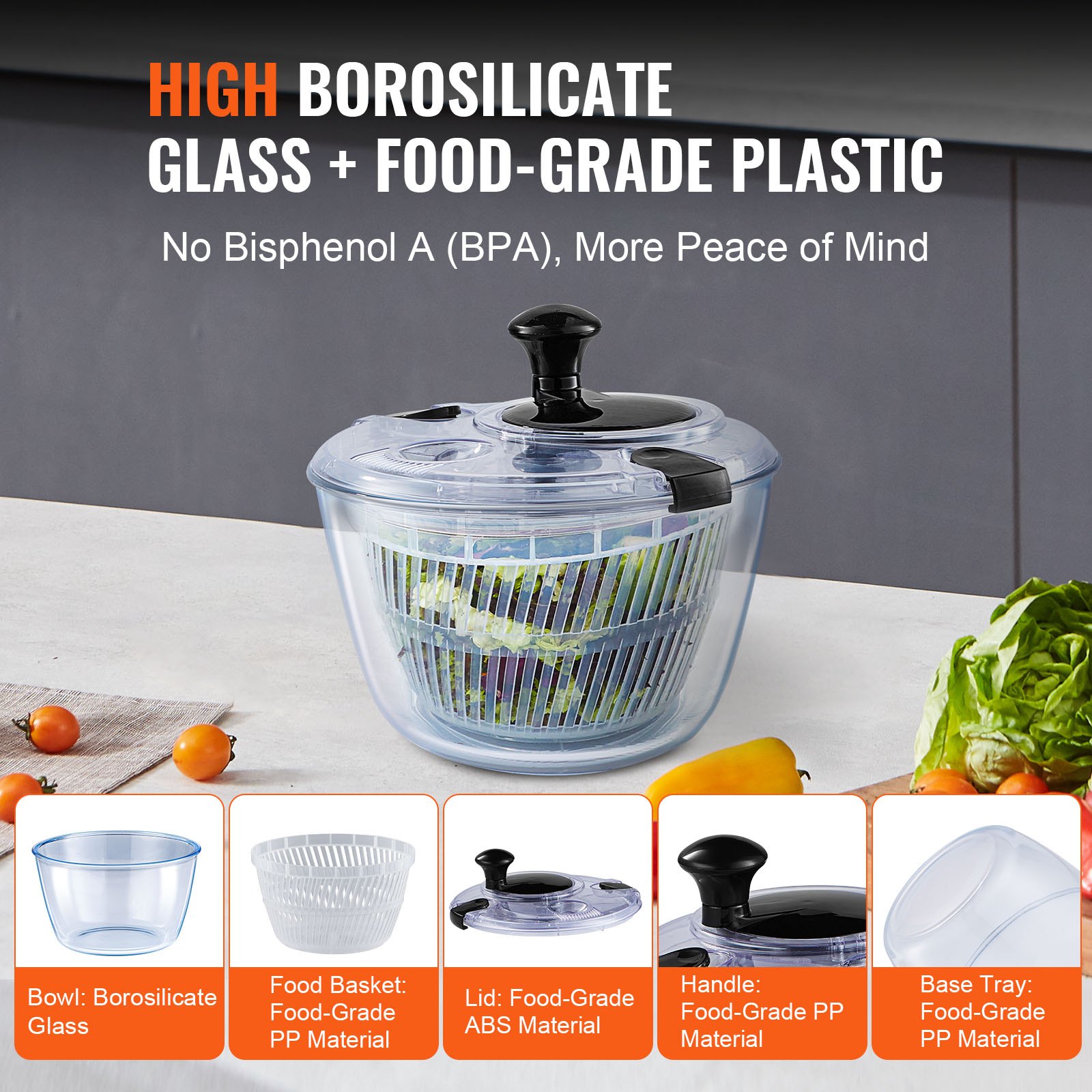 VEVOR Glass Salad Spinner, 4.75Qt, One-handed Easy Press Large ...