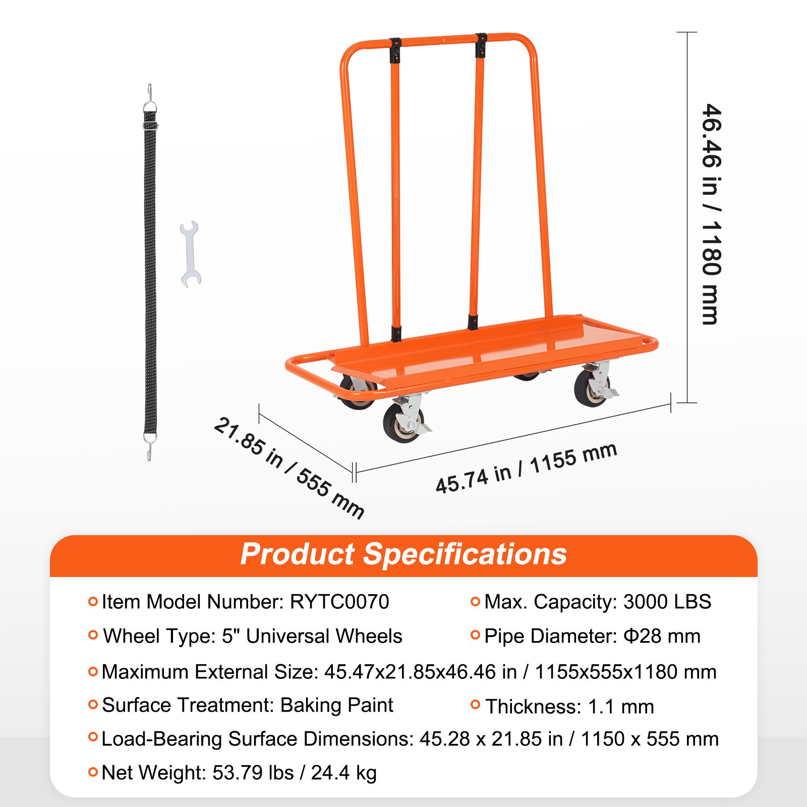 VEVOR Drywall Cart, 3000 LBS Panel Dolly Cart with 45.28" x 21.8" Deck ...