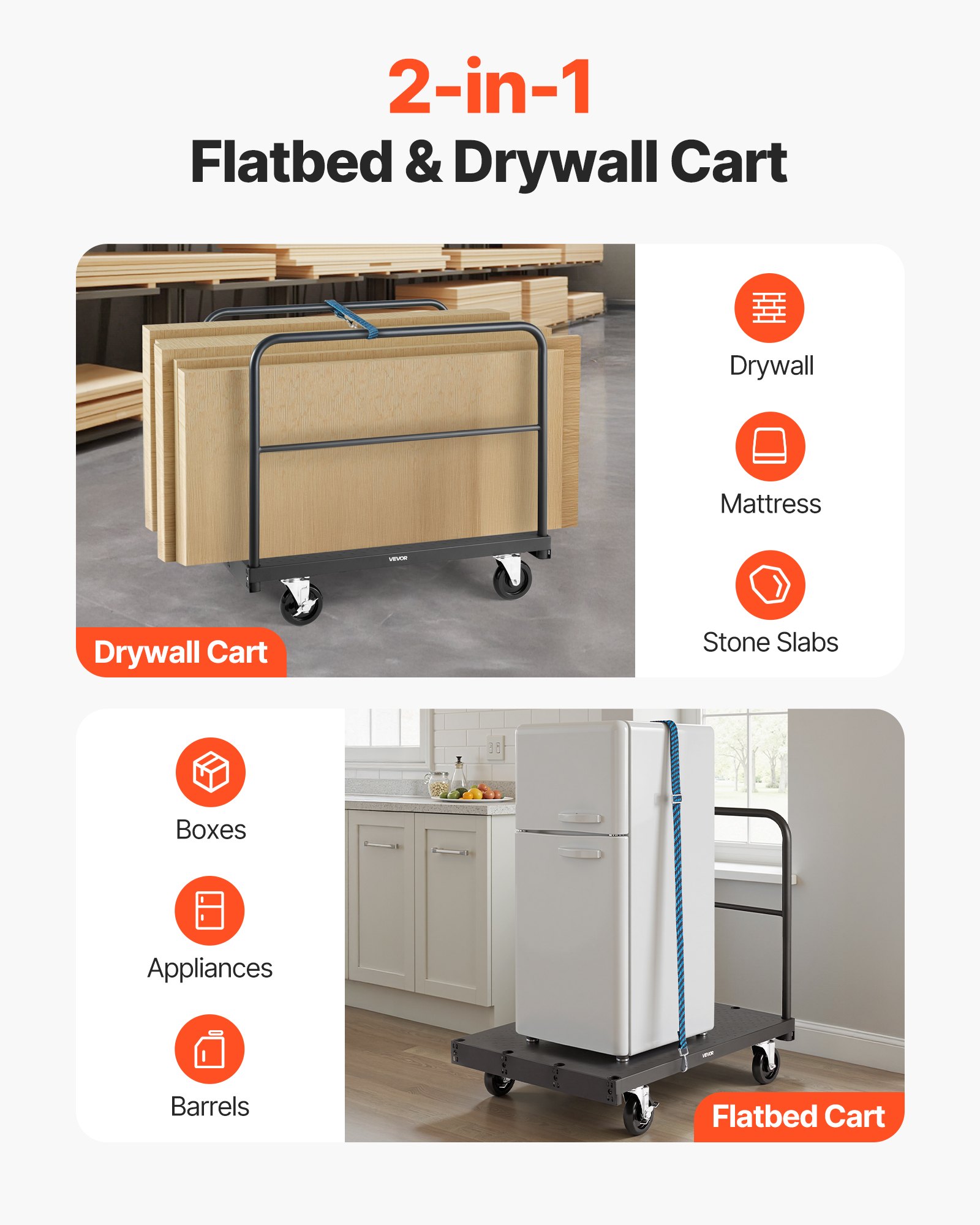 VEVOR Drywall Cart Dolly, 1800 lbs Load Capacity, 2-in-1 Steel Panel ...