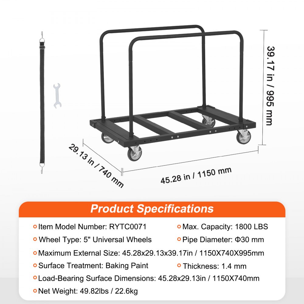 VEVOR Drywall Cart, 1800 LBS Panel Dolly Cart with 45.28" x 29.13" Deck ...