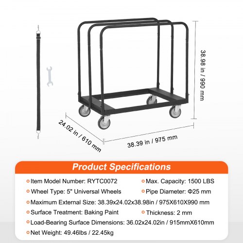 VEVOR Drywall Cart, 1500 LBS Panel Dolly Cart with 36.02" x 24.02" Deck ...