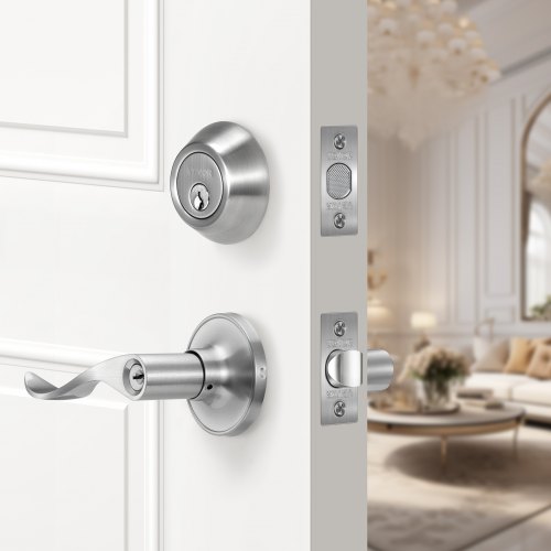 Entry Door Locksets with Deadbolt 5 Pack Keyed Alike Satin Nickel Lever ...