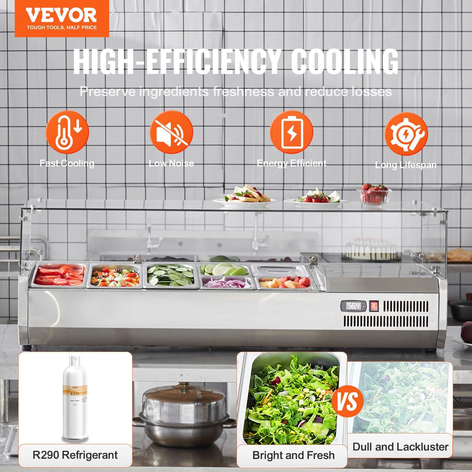 VEVOR Refrigerated Condiment Prep Station, 140 W Countertop ...