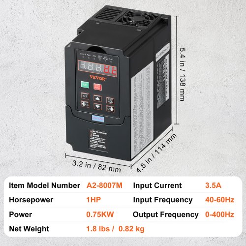VEVOR VFD 1HP, 0.75KW, 3.5A, 1 or 3 Phase 220V Input to 3 Phase 220V Output Variable Frequency ...