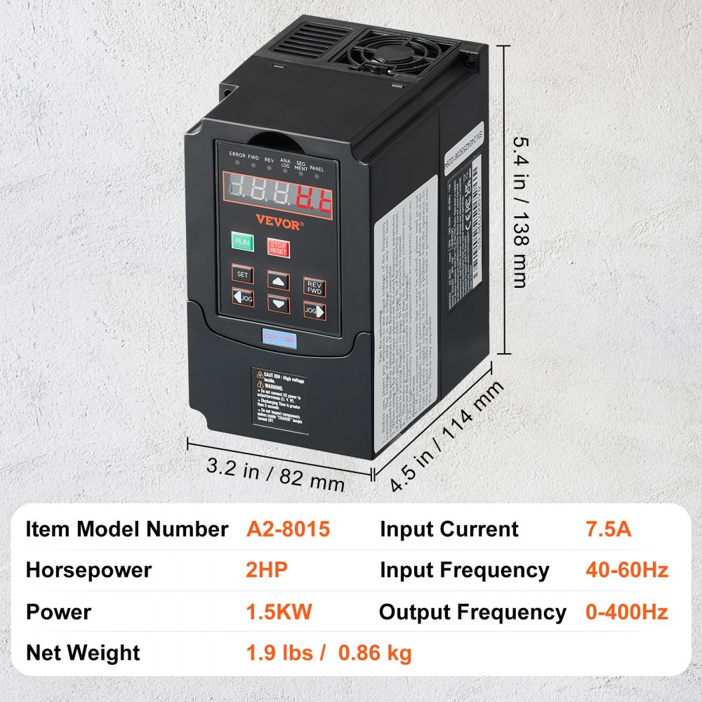 VEVOR VFD 2HP, 1.5KW, 7.5A, 1 or 3 Phase 220V Input to 3 Phase 220V ...