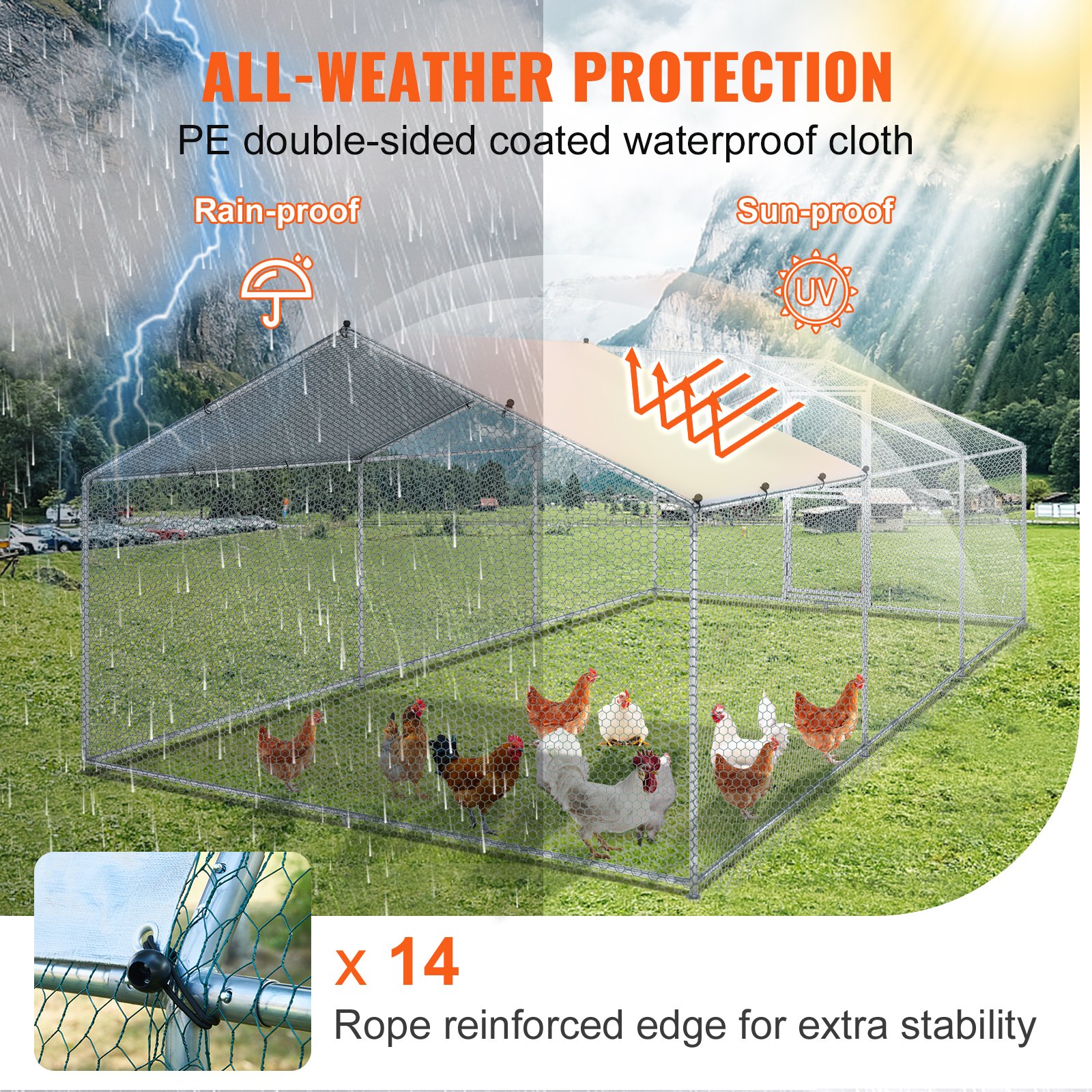 VEVOR Large Metal Chicken Coop with Run, Walkin Poultry Cage for Yard ...