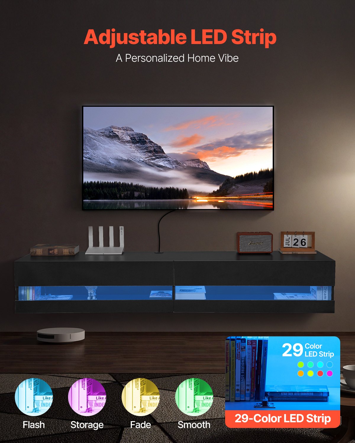 VEVOR Floating LED TV Stand With LED Lights & Power Outlets