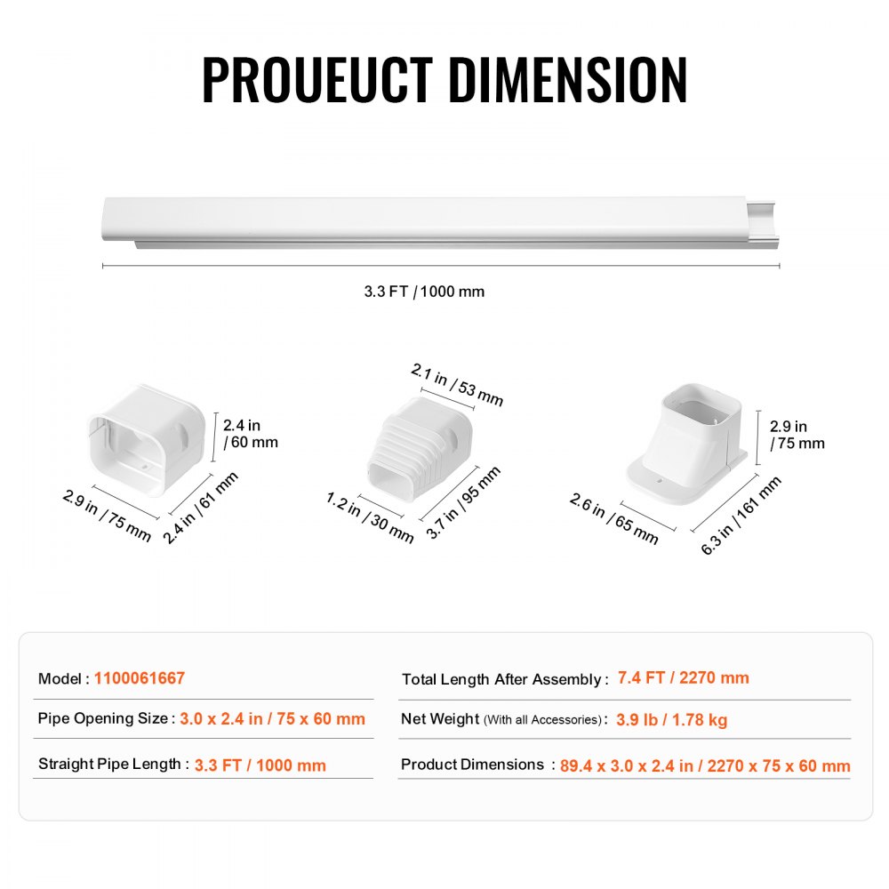 VEVOR Mini Split Line Set Cover 3-inch W 7.4Ft L, PVC Decorative Pipe ...