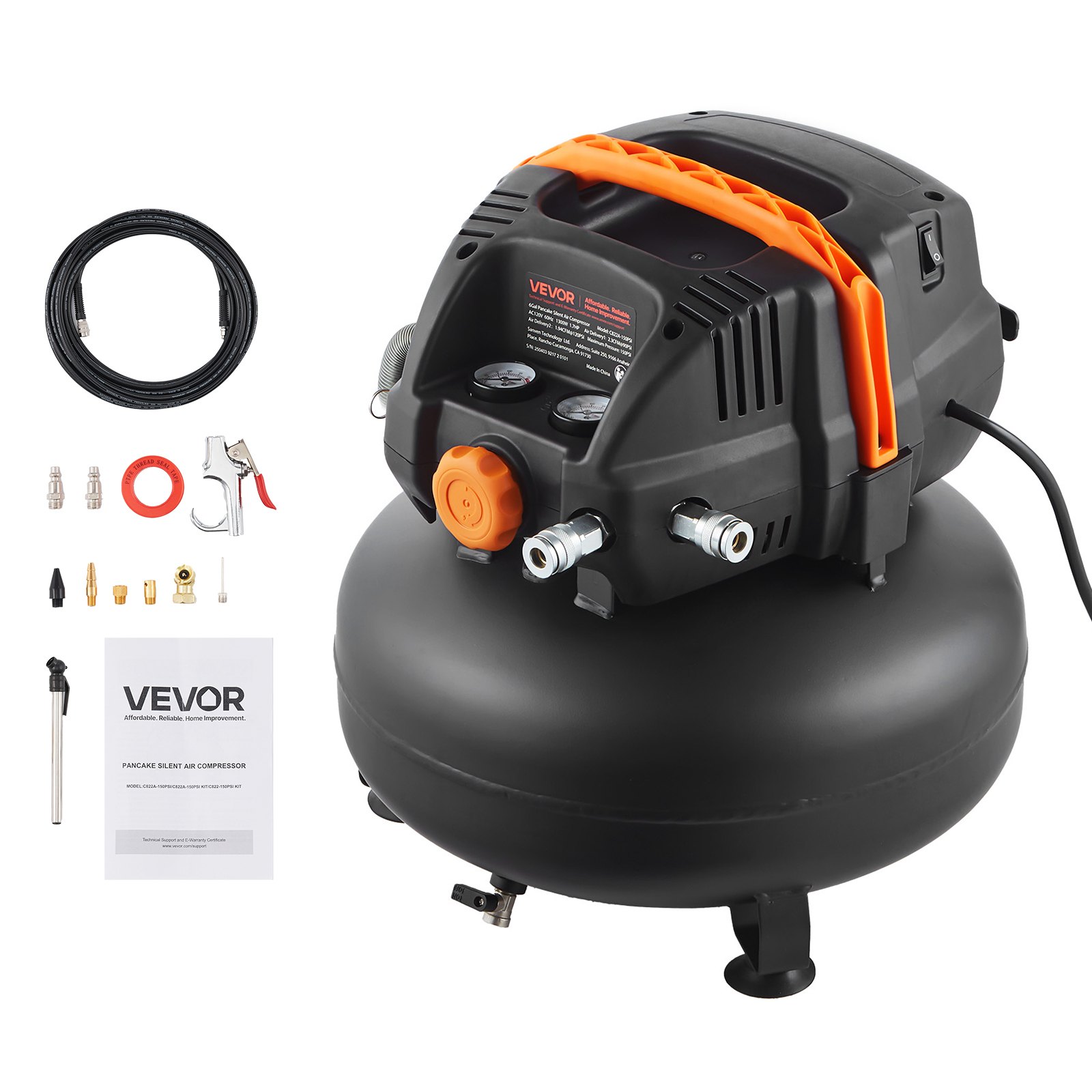 VEVOR 6 Gallon Air Compressor, 1.7HP 2.3CFM@90PSI Portable Pancake Air ...