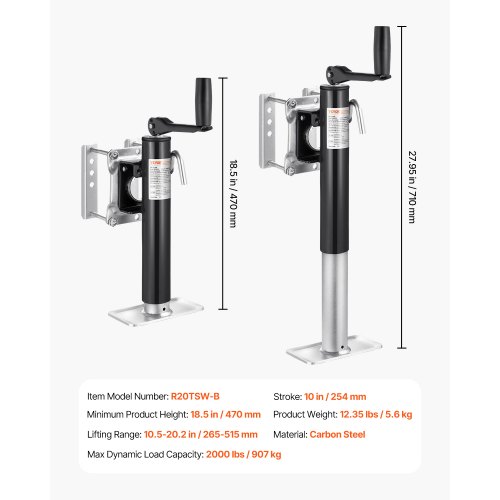 Trailer Jack Bolt-on Trailer Tongue Jack 2000 lbs Dynamic Load 10 ...