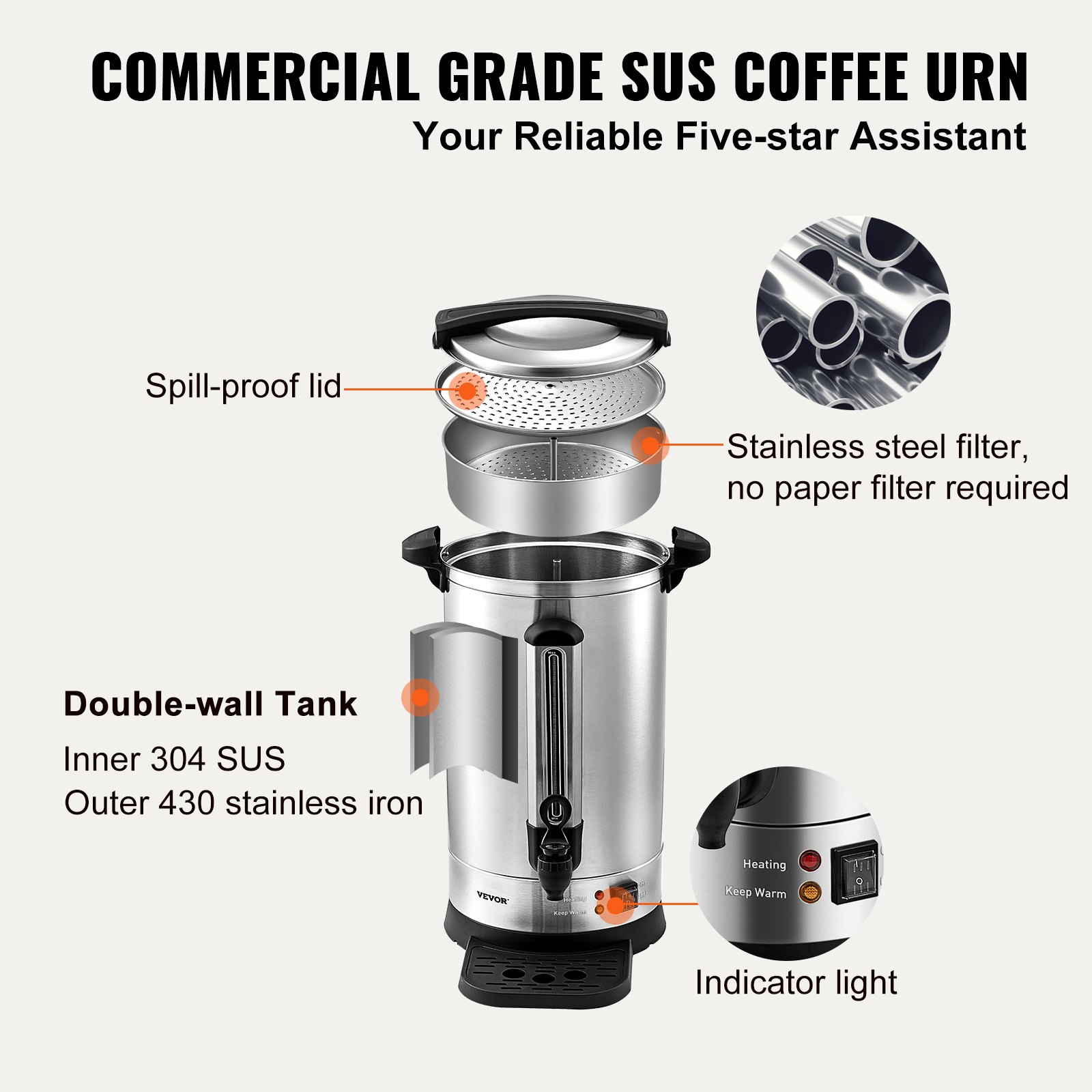 VEVOR Commercial Coffee Urn 65 Cup Stainless Steel Coffee Dispenser ...