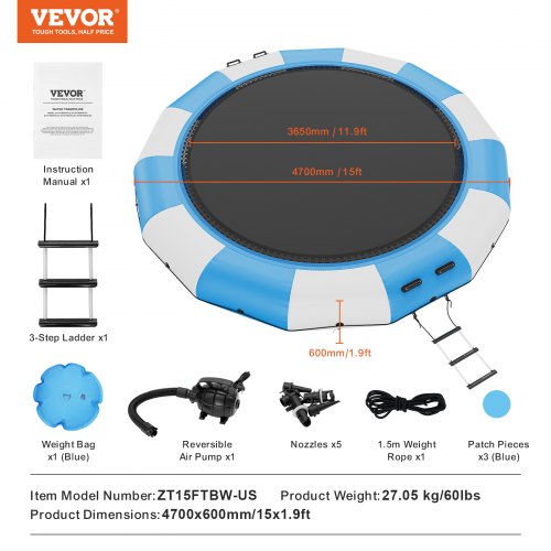 VEVOR Inflatable Water Bouncer, 15ft Recreational Water Trampoline ...