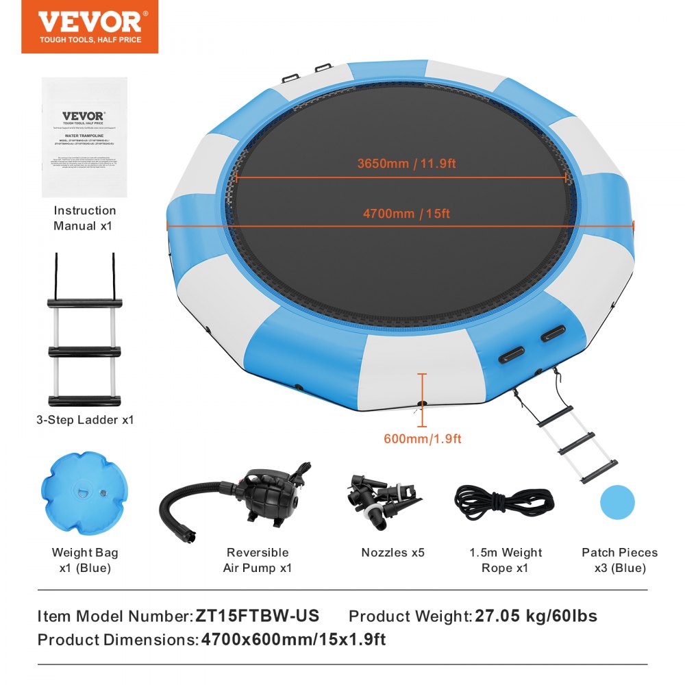 VEVOR Inflatable Water Bouncer, 15ft Recreational Water Trampoline ...