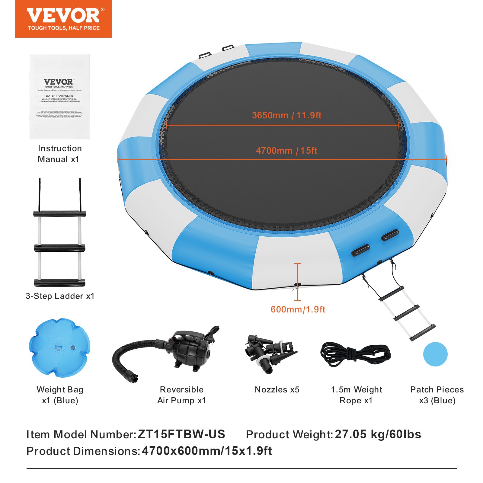 VEVOR Inflatable Water Bouncer, 15ft Recreational Water Trampoline ...