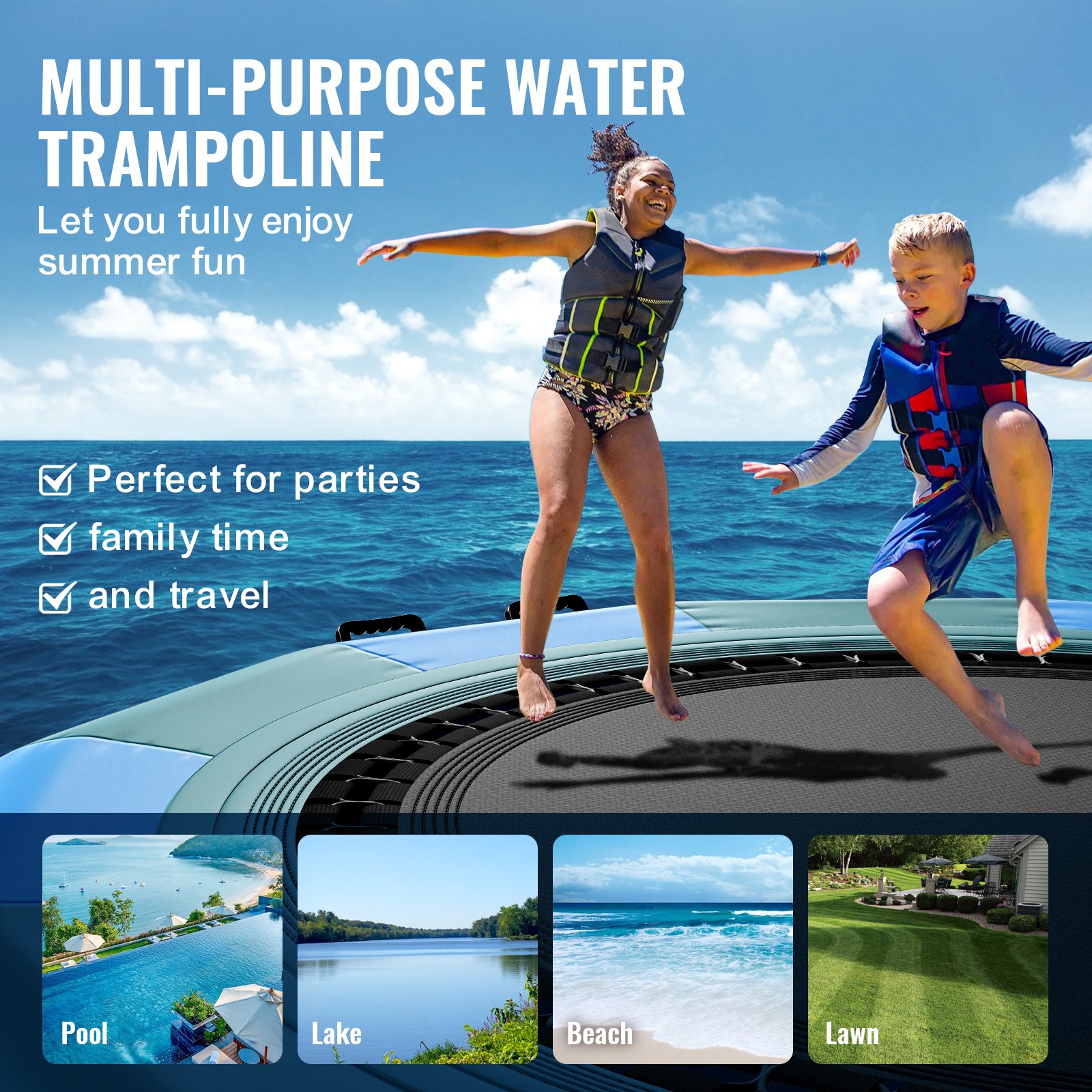 VEVOR Inflatable Water Bouncer, 12ft Recreational Water Trampoline ...