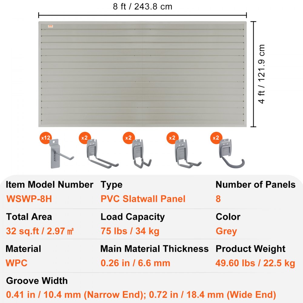 VEVOR Slatwall Panels with Hooks, 4 ft x 1 ft Gray Garage Wall Panels ...