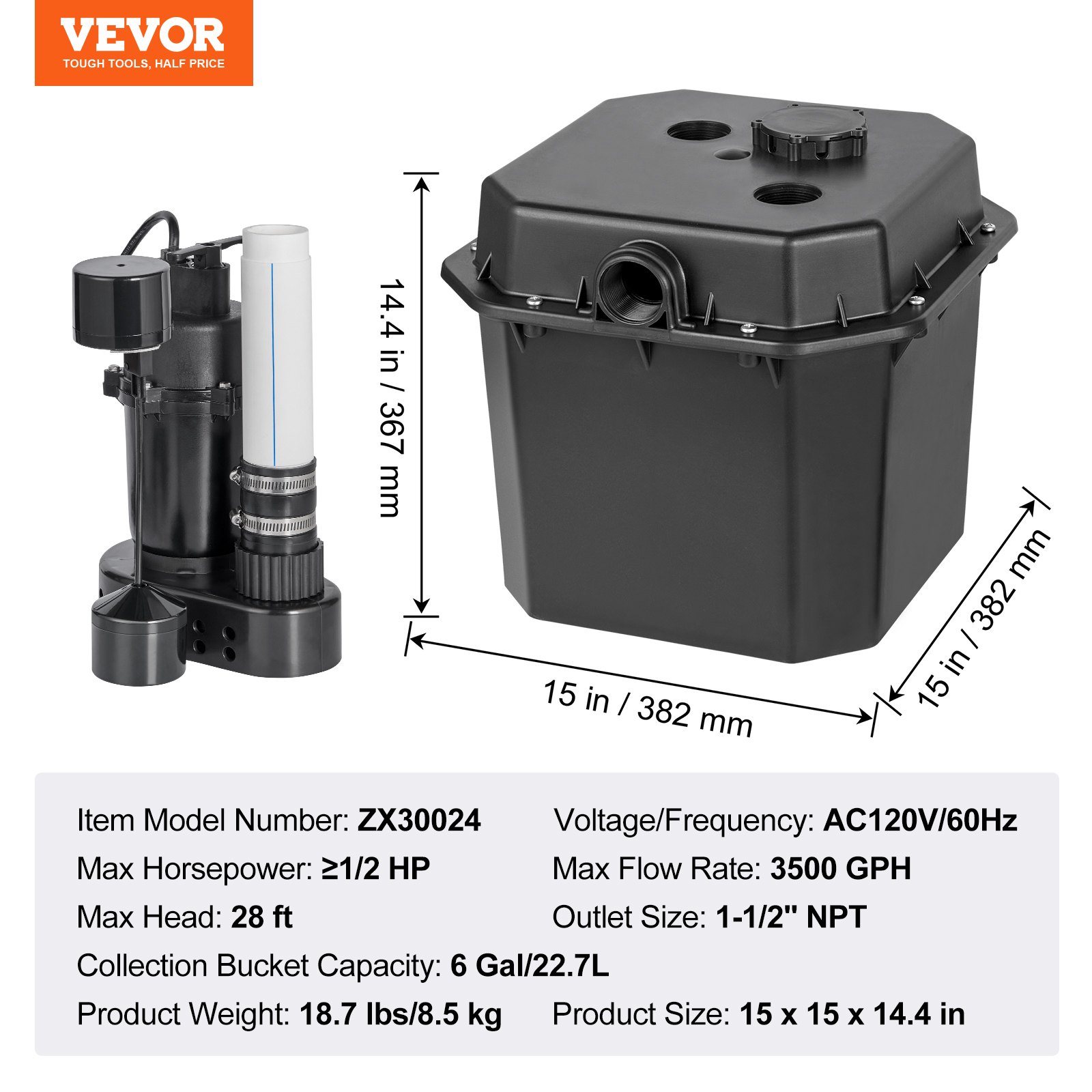 VEVOR Utility Sink Pump, 1/2 HP, 120-Volt, 3500 GPH Flow, 28 ft Head, Under-Sink Sump Pump ...