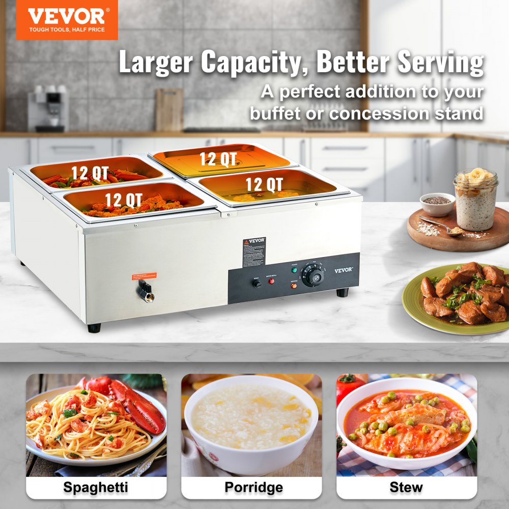 VEVOR 4-Pan Commercial Food Warmer, 4 x 12QT Electric Steam Table ...