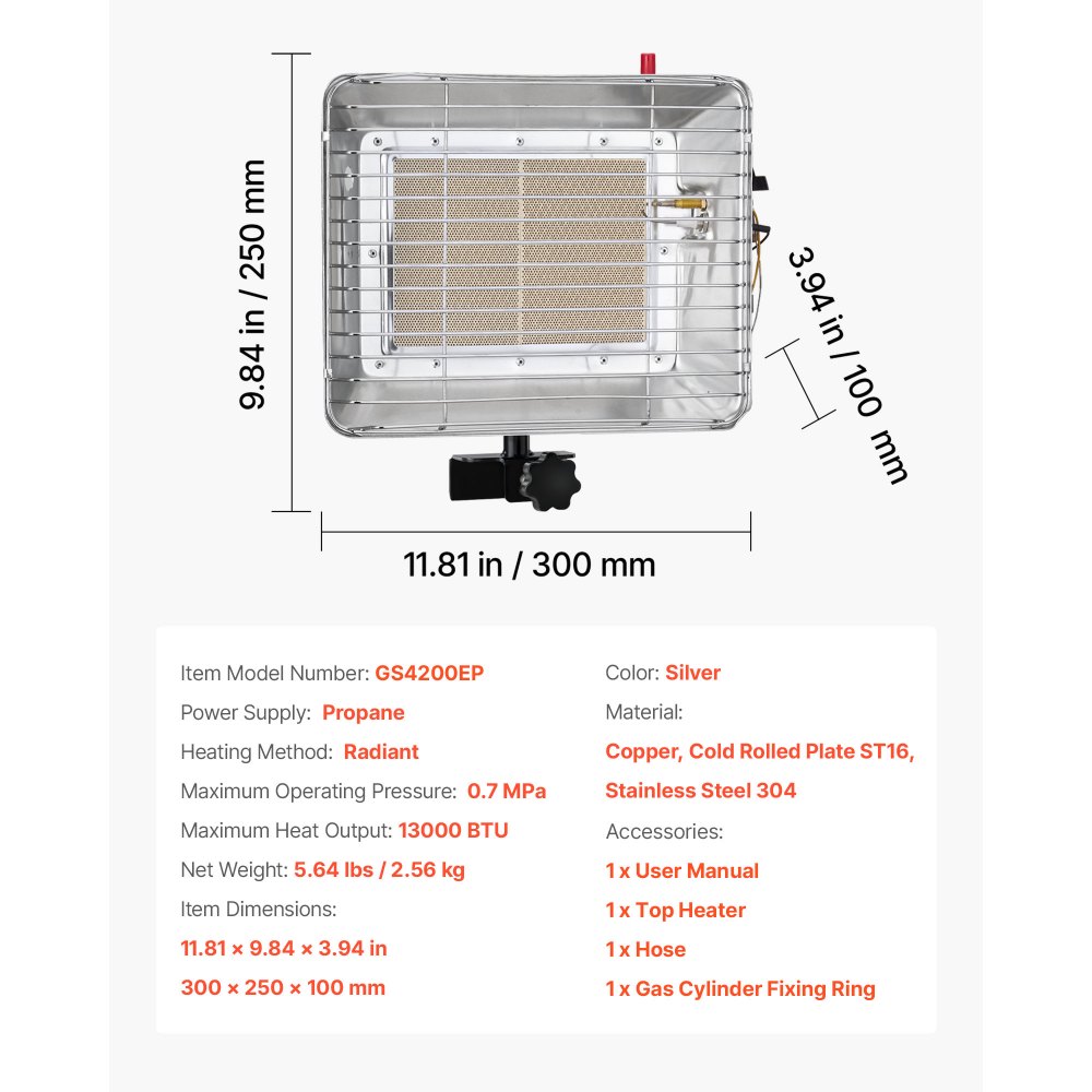 VEVOR Single Tank Top Propane Heater – 13000 BTU, 320 ft²