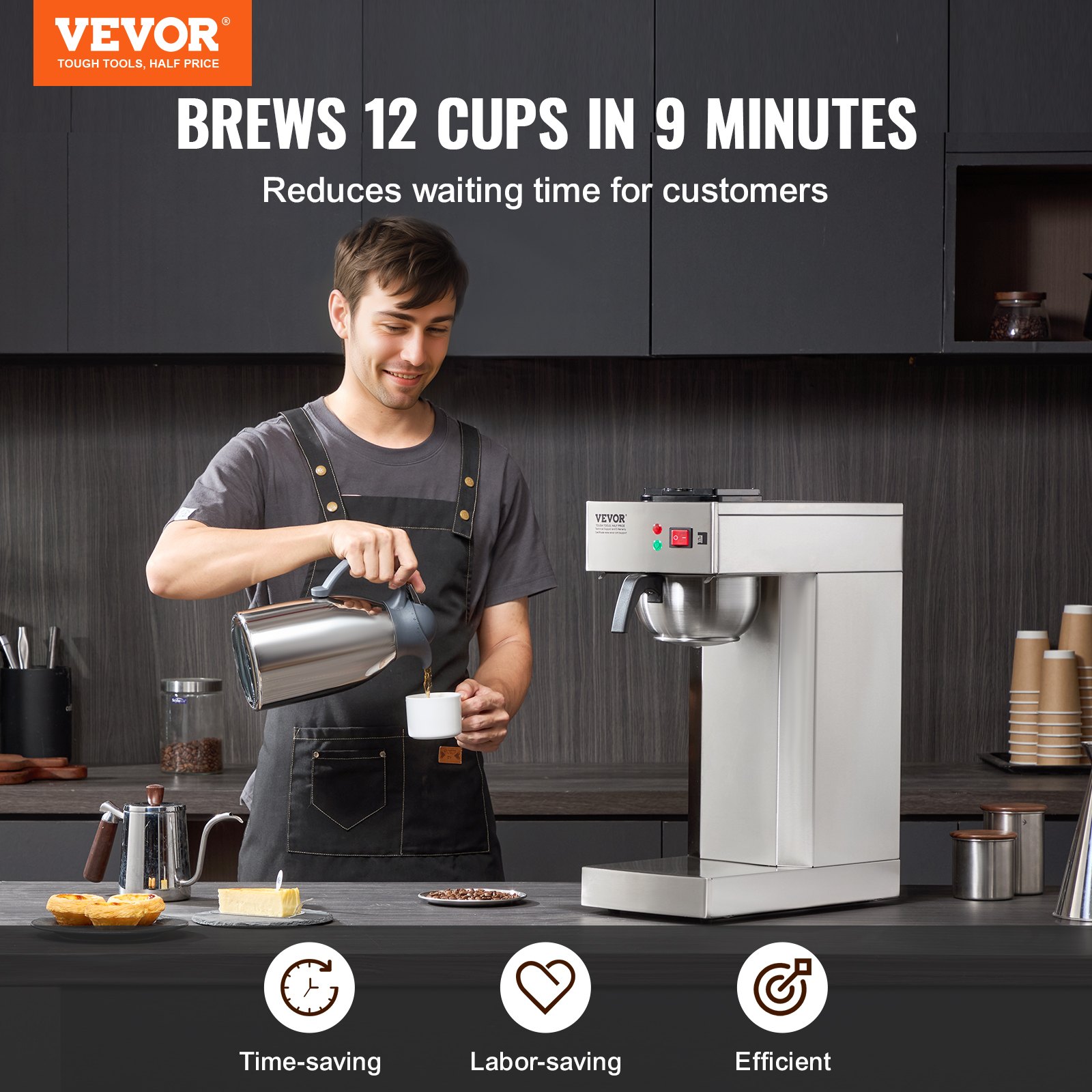 VEVOR Commercial Drip Coffee Brewer – 12 Cups, 9 Min, 2.8L