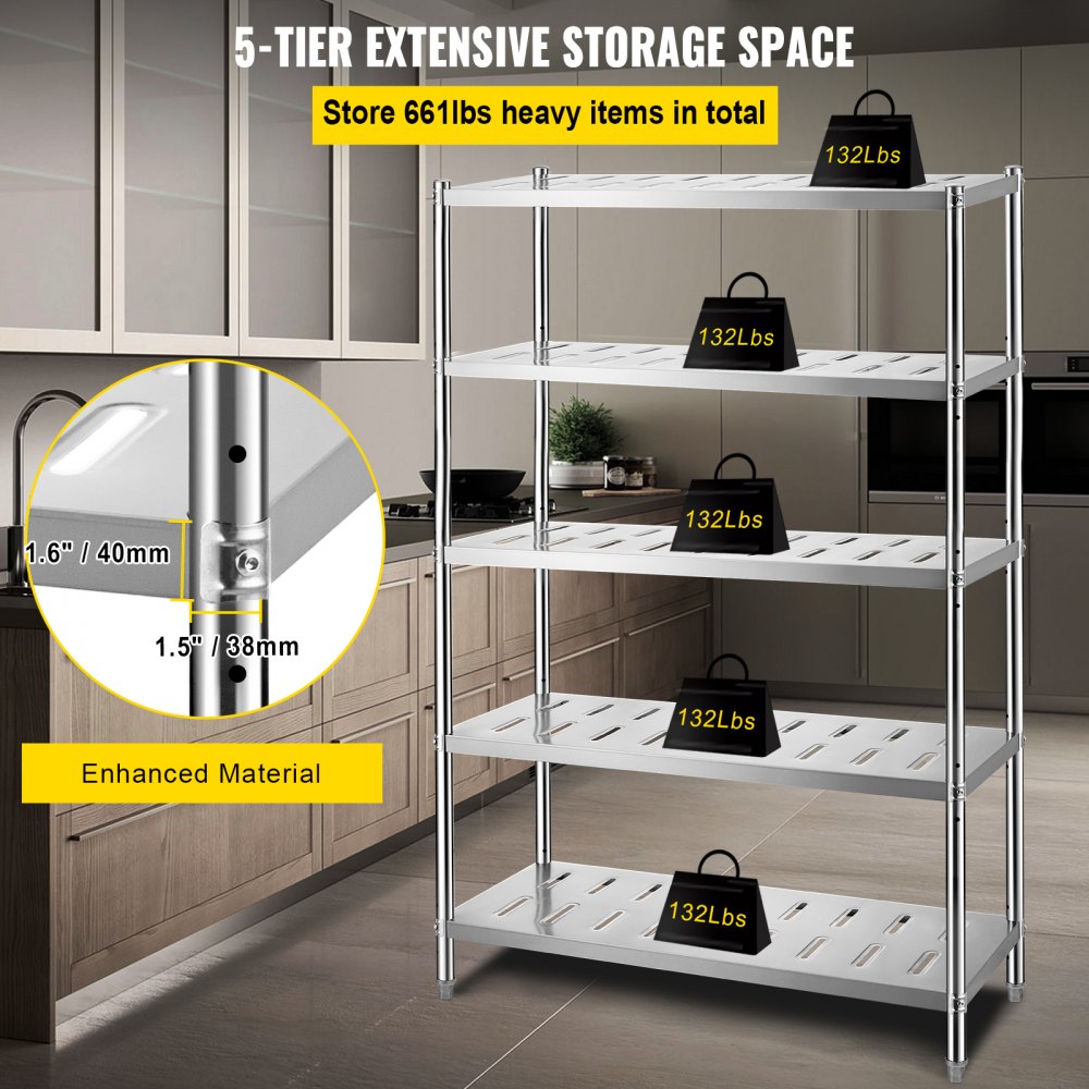 VEVOR Storage Shelf, 5-Tier Storage Shelving Unit, Stainless Steel ...