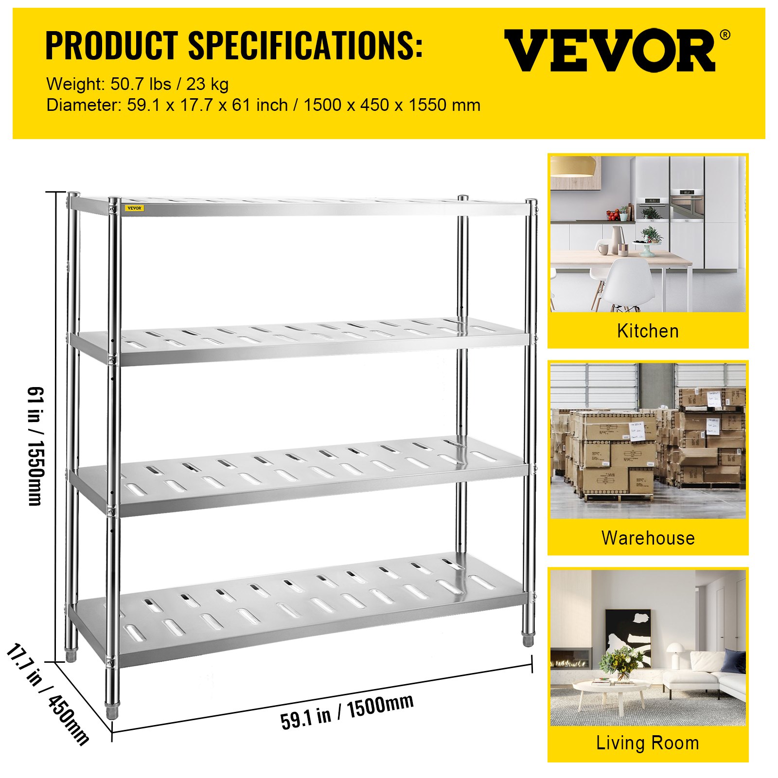 VEVOR Storage Shelf, 4-Tier Storage Shelving Unit, Stainless Steel ...