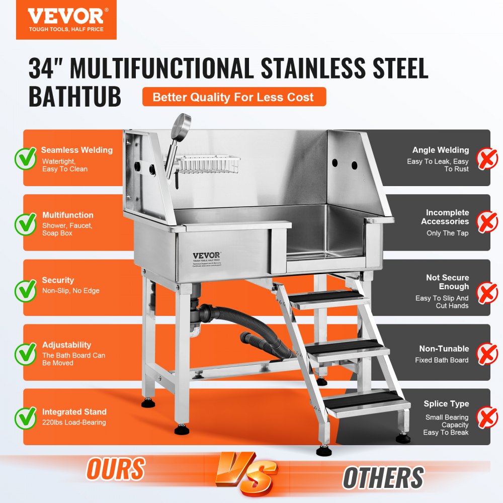 VEVOR 34" Pet Dog Bathing Station w/Ramp, Professional Stainless Steel ...