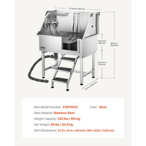 38" Dog Grooming Bath Tub Stainless Steel w/ Stairs Faucet Showerhead ...