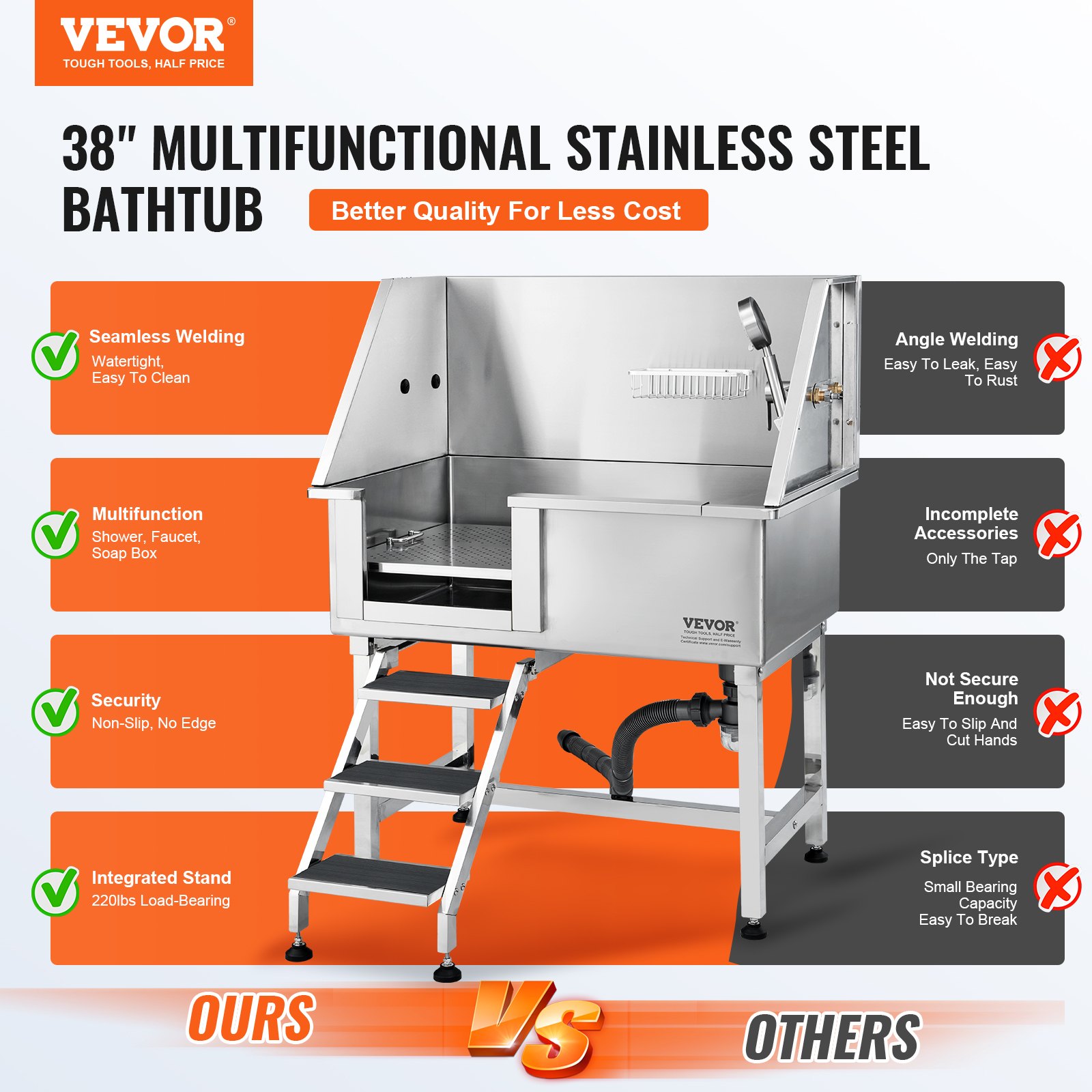 VEVOR 38" Pet Dog Bathing Station w/Ramp, Professional Stainless Steel ...