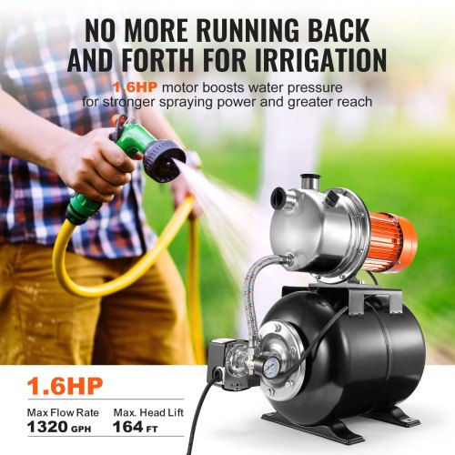 VEVOR 1.6HP Shallow Well Pump with Pressure Tank 1320GPH Irrigation ...