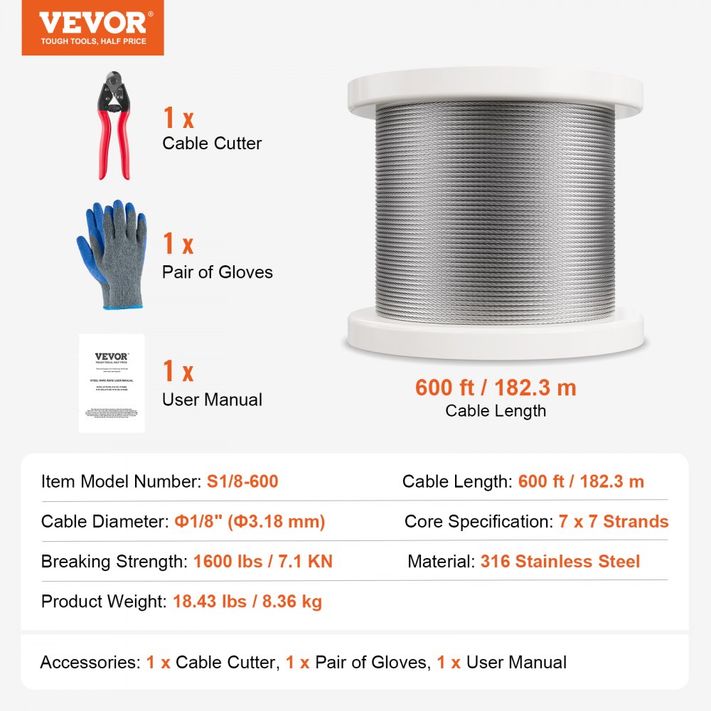 VEVOR T316 Stainless Steel Cable 1/8" 7x7 Steel Wire Rope 600 ft Cable ...