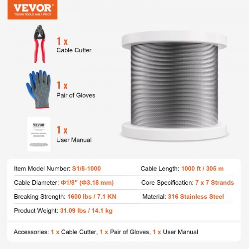 VEVOR T316 Stainless Steel Cable 1/8" 7x7 Steel Wire Rope 1000 ft Cable ...