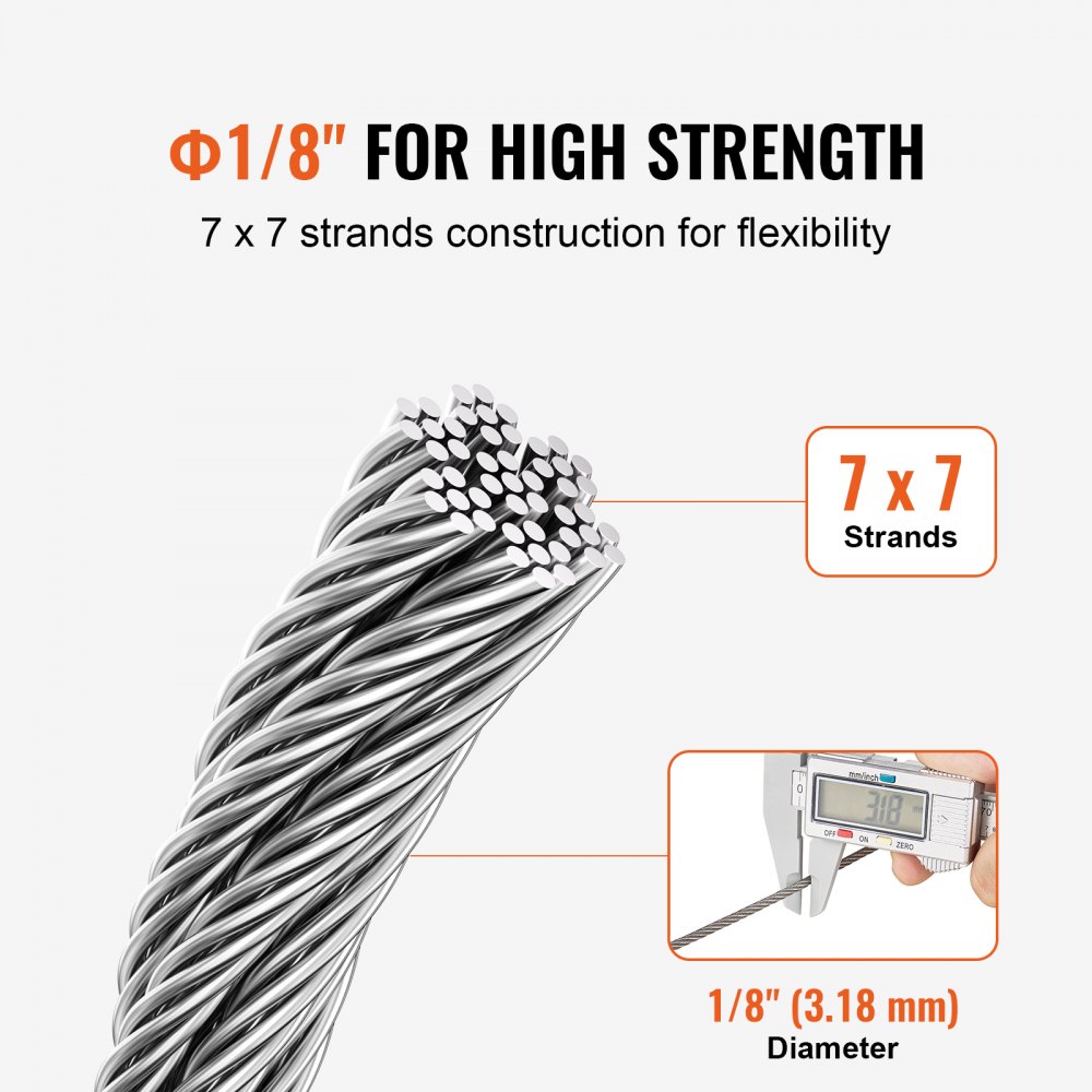 VEVOR T316 Stainless Steel Cable 1/8" 7x7 Steel Wire Rope 1000 ft Cable ...
