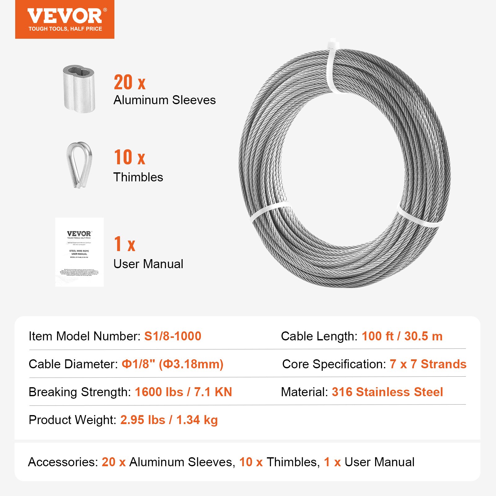 VEVOR T316 Stainless Steel Cable 1/8" 7x7 Steel Wire Rope 100 ft Cable ...