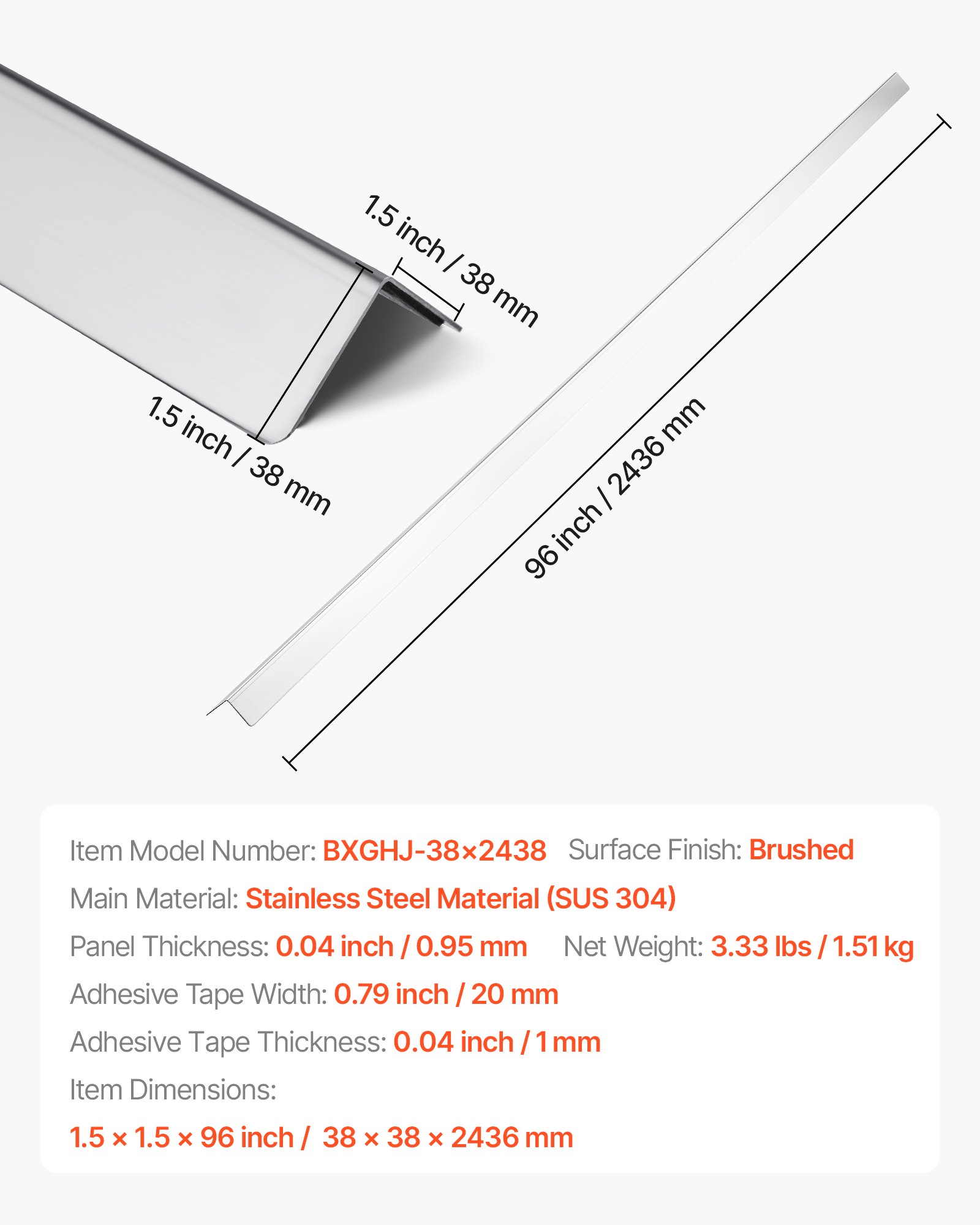 VEVOR Stainless Steel Wall Corner Protector, 1.5 x 1.5 x 96 inch, 10 ...