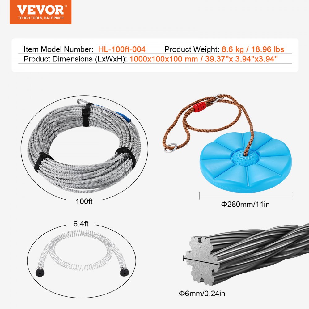 VEVOR Zipline Kit for Kids and Adult, 100 ft Zip Line Kits Up to 500 lb ...