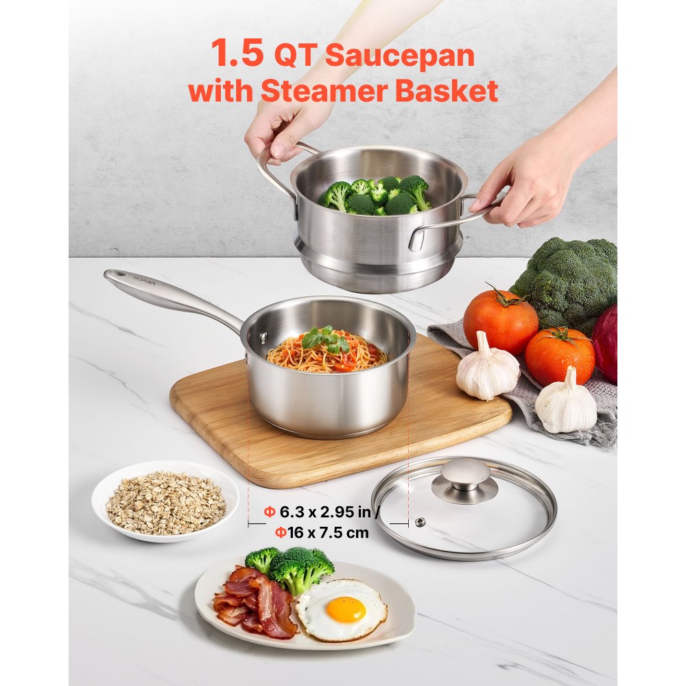 VEVOR 1.5 QT Saucepan with Steamer, Stainless Steel Saucepan with Glass ...