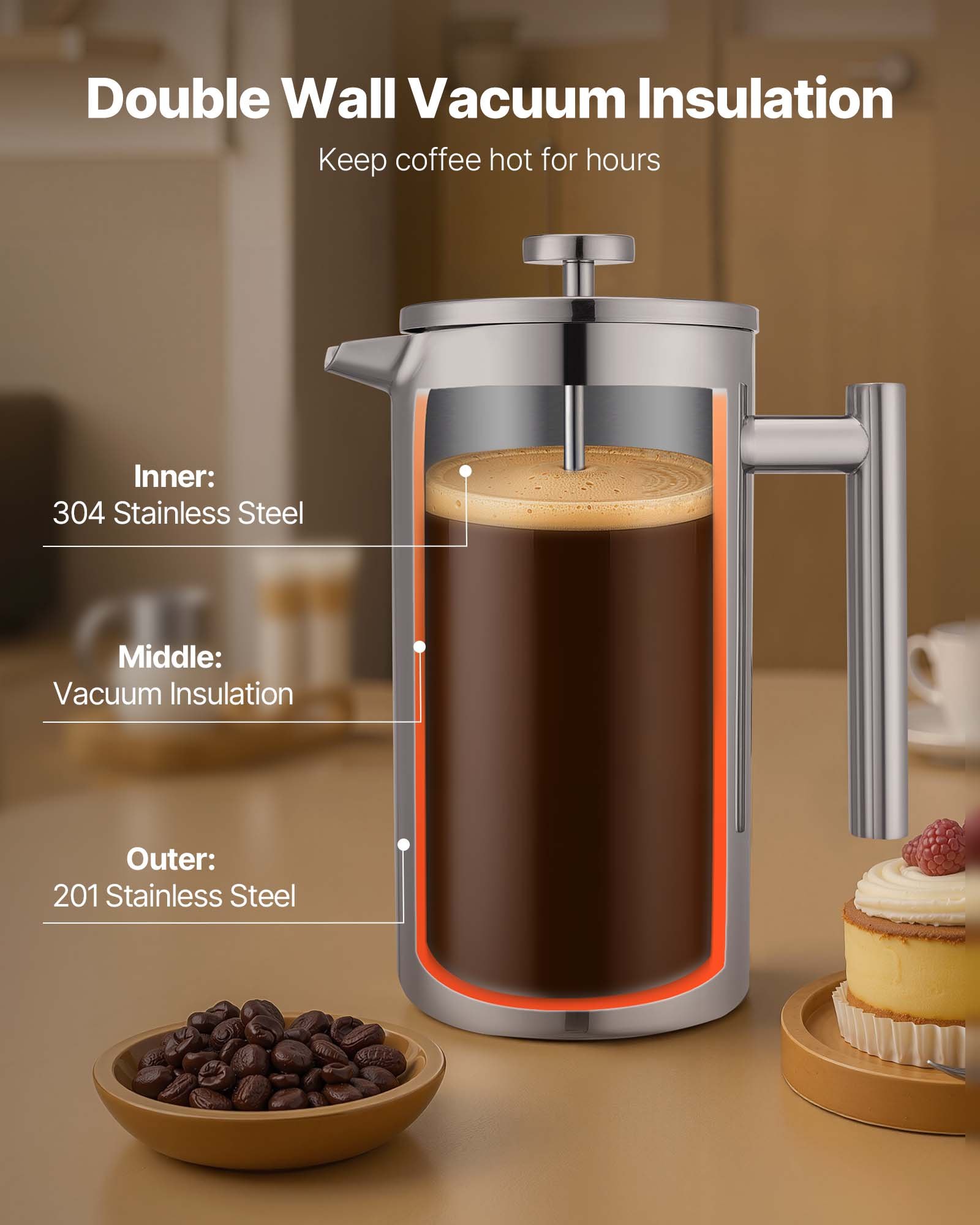 VEVOR French Press Coffee Maker Stainless Steel – 51 oz