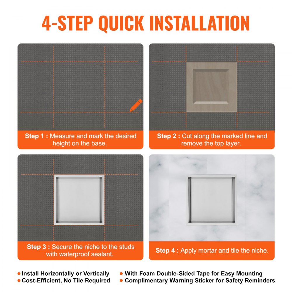 VEVOR 13"x13" No Tile Shower Niche 304 Stainless Steel, Wall-Inserted ...