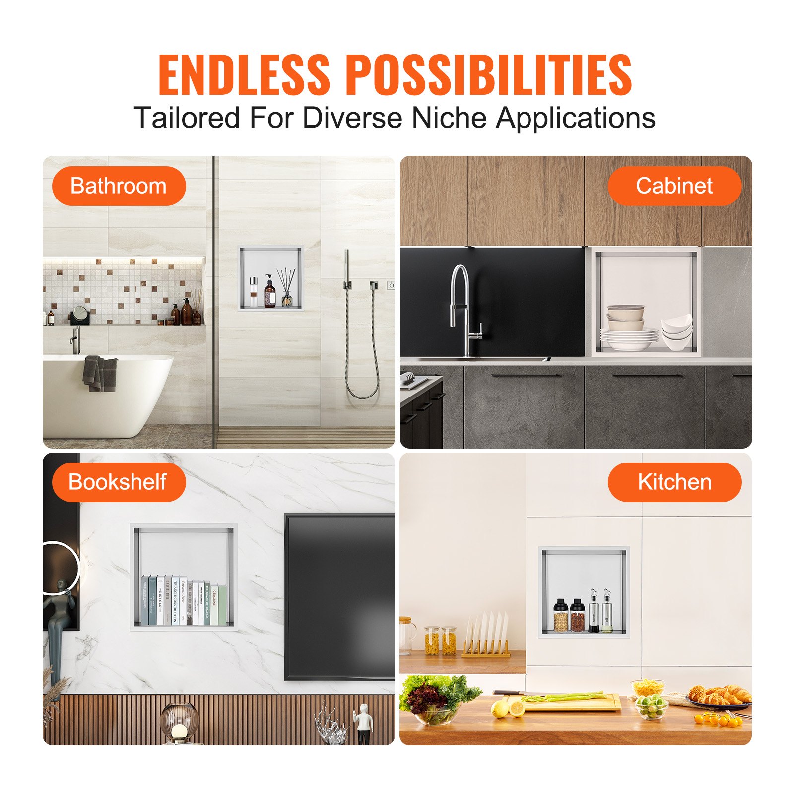 VEVOR 13"x13" No Tile Shower Niche 304 Stainless Steel, Wall-Inserted ...