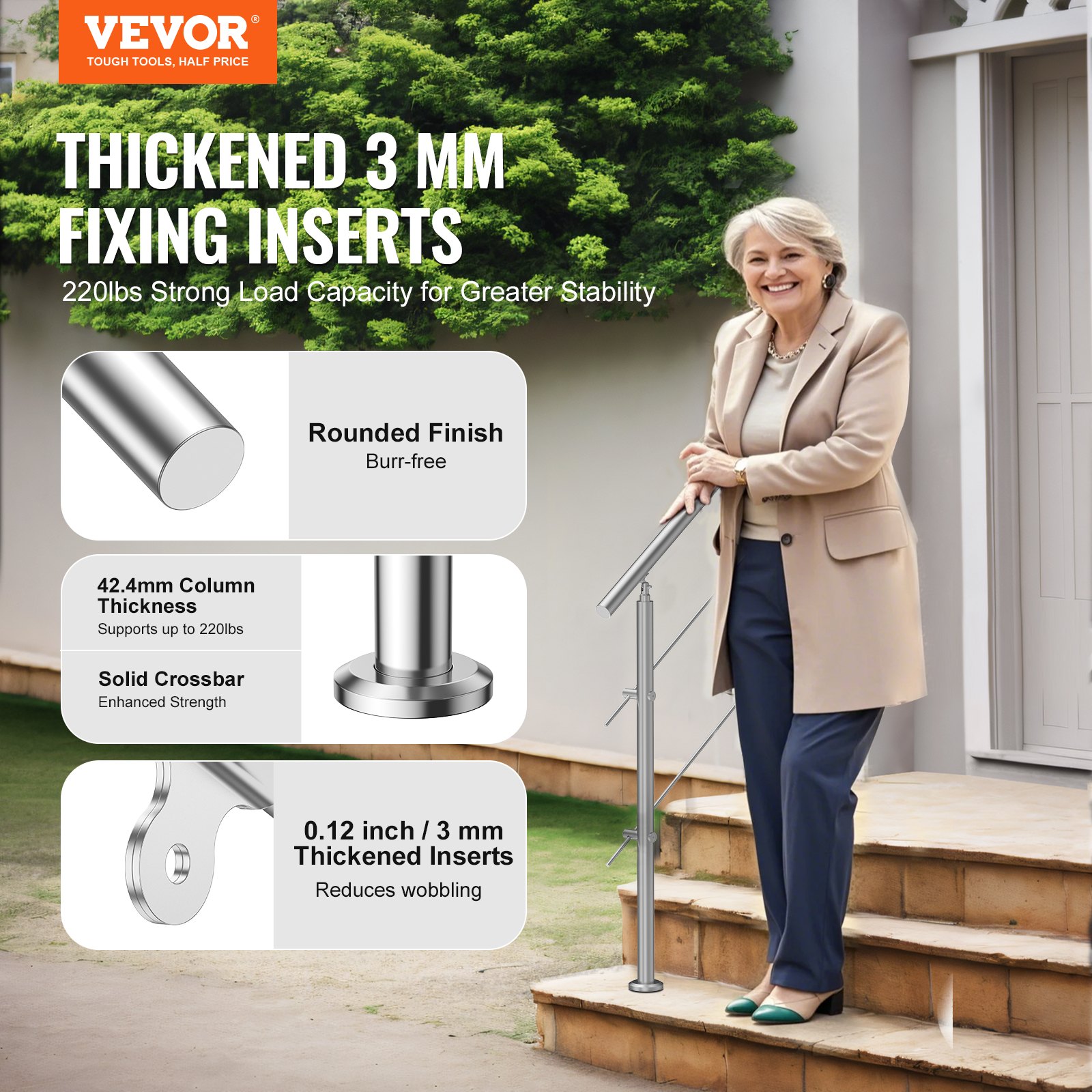 VEVOR 100.1 cm Handrails for Outdoor Steps 2 Crossbars Staircase for ...
