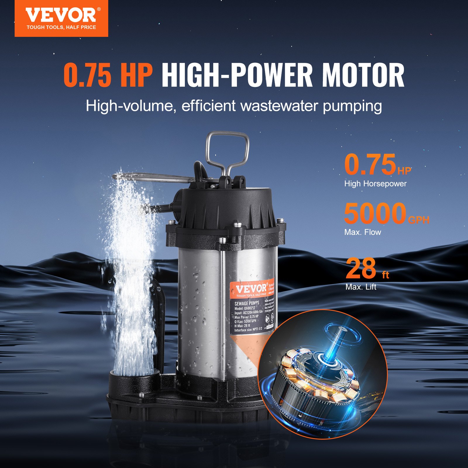 VEVOR Submersible Sewage Pump Water Pump 0.75HP 5000GPH 28 ft Lift for ...