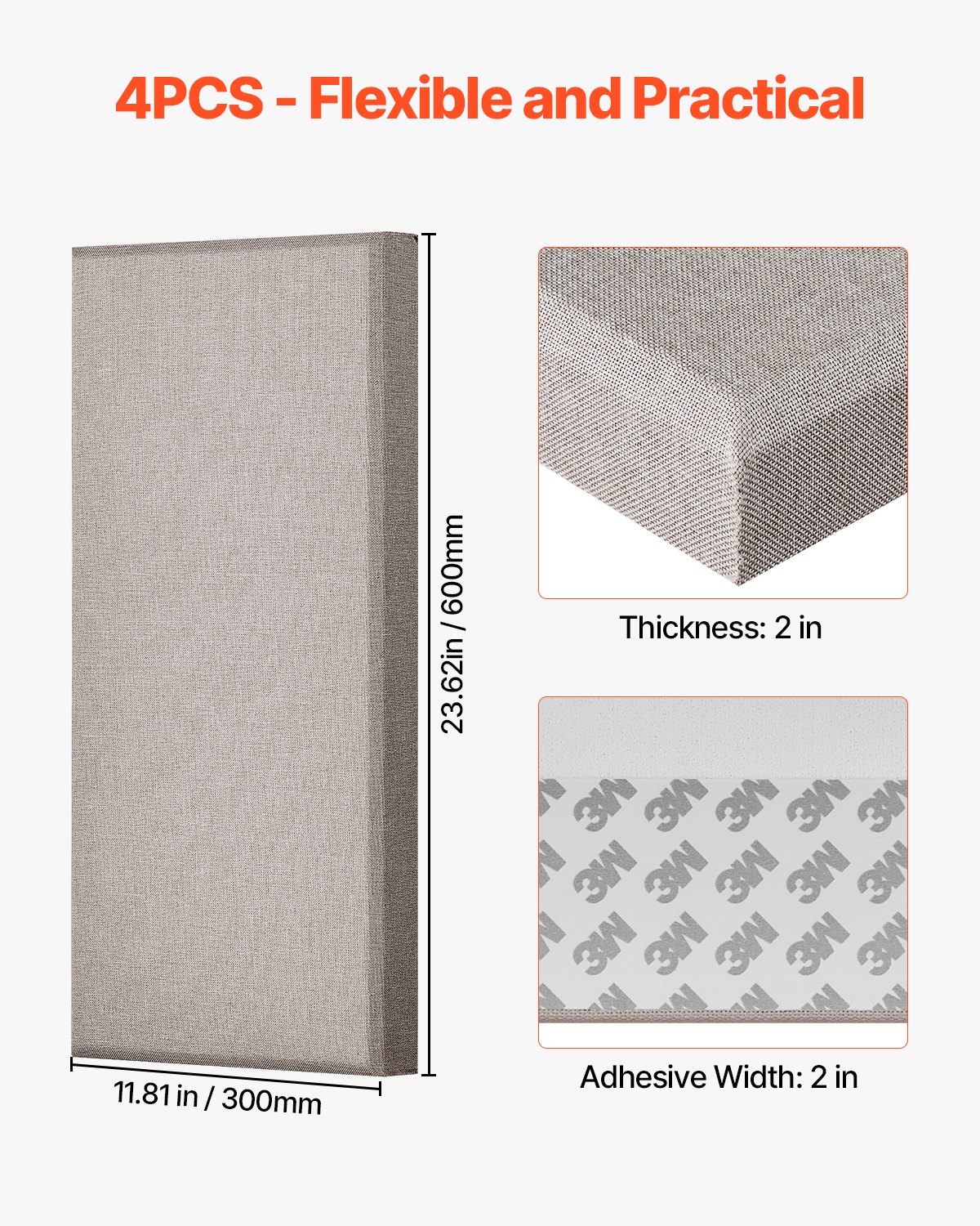 VEVOR 4 PCS Acoustic Panels, 2 inch Thick 23.6 x 11.8 inch Fiberglass Sound Absorbing Panels ...