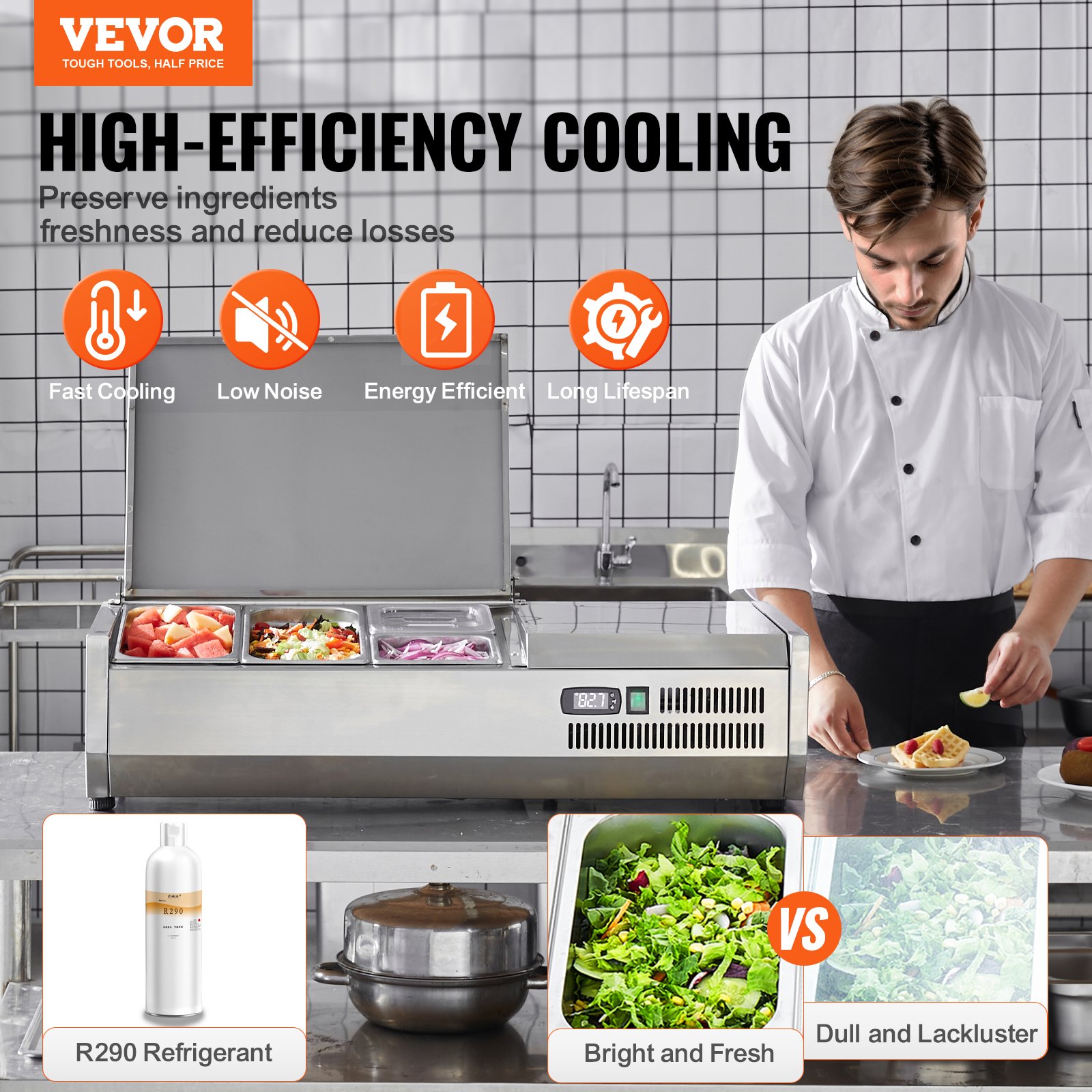 VEVOR Refrigerated Condiment Prep Station, 130 W Countertop ...