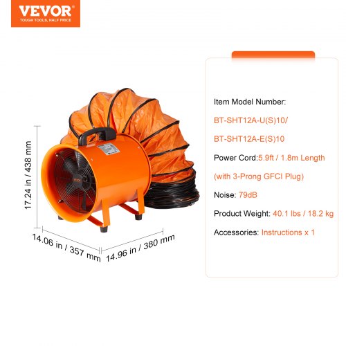 VEVOR Portable Ventilator, 12 inch Heavy Duty Cylinder Fan with 33ft ...